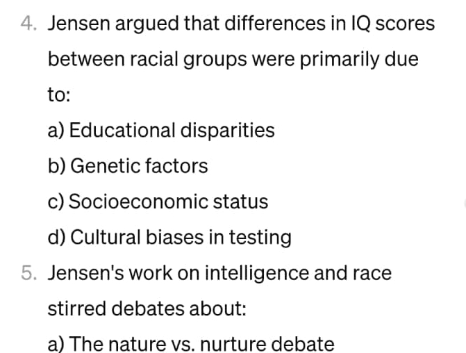 Solved Jensen argued that differences in IQ scores between | Chegg.com