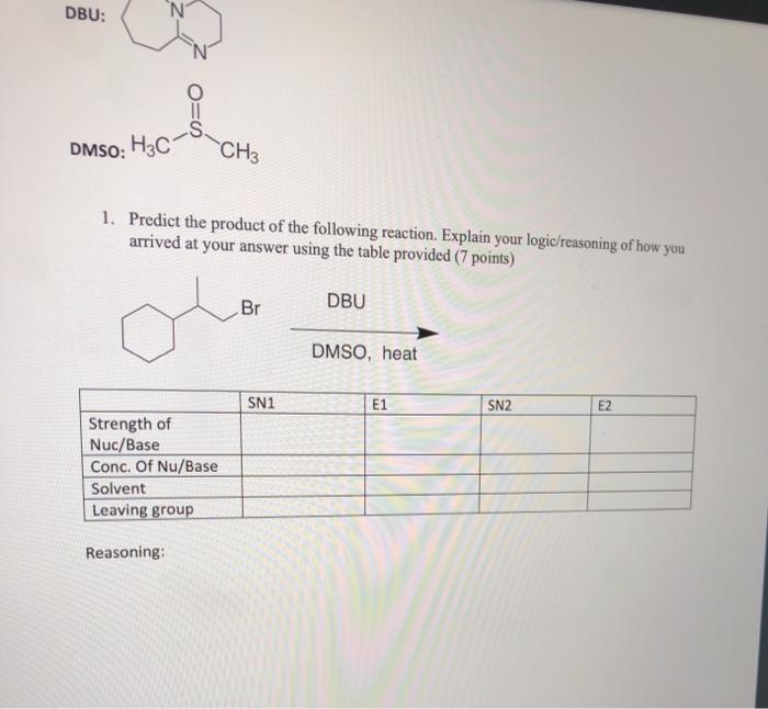 Solved DBU: DMSO: H3C CH3 1. Predict the product of the | Chegg.com