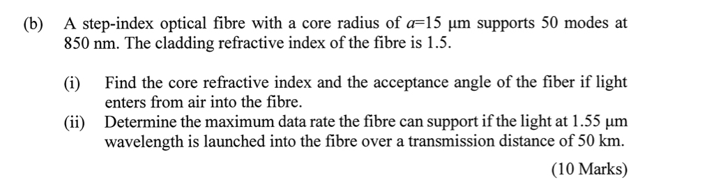Solved (b) ﻿A step-index optical fibre with a core radius of | Chegg.com