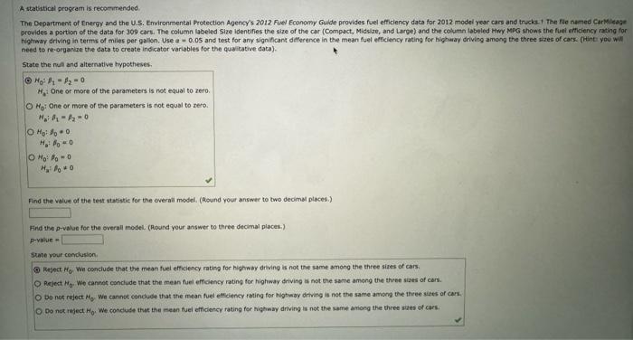 Solved Find value of the test statistic for the overall | Chegg.com