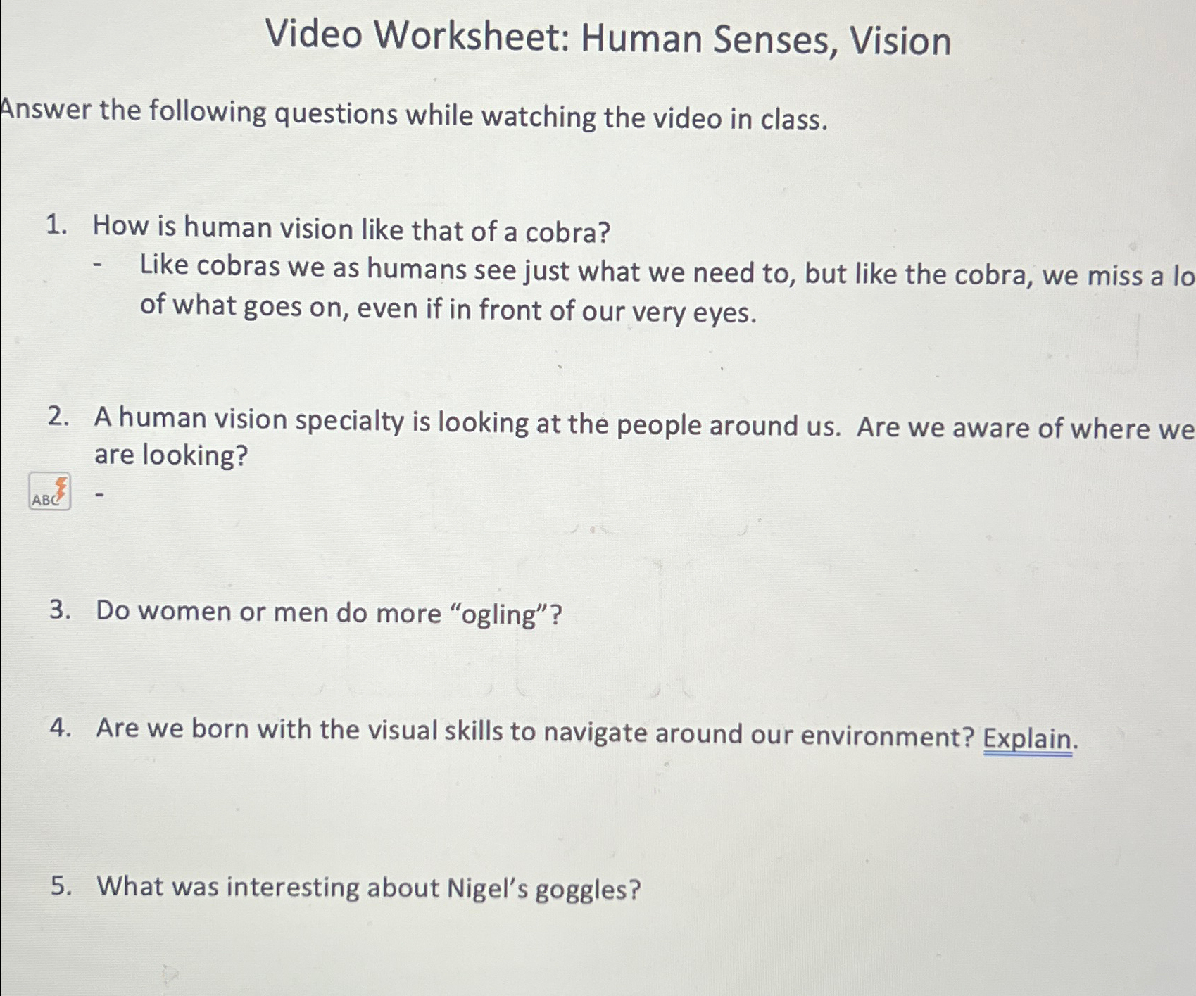 Solved Video Worksheet: Human Senses, VisionAnswer the | Chegg.com