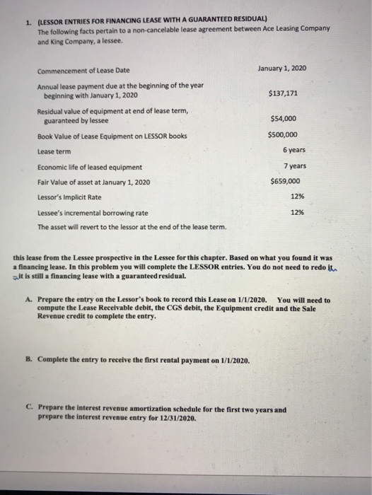 Solved 1. (LESSOR ENTRIES FOR FINANCING LEASE WITH A | Chegg.com