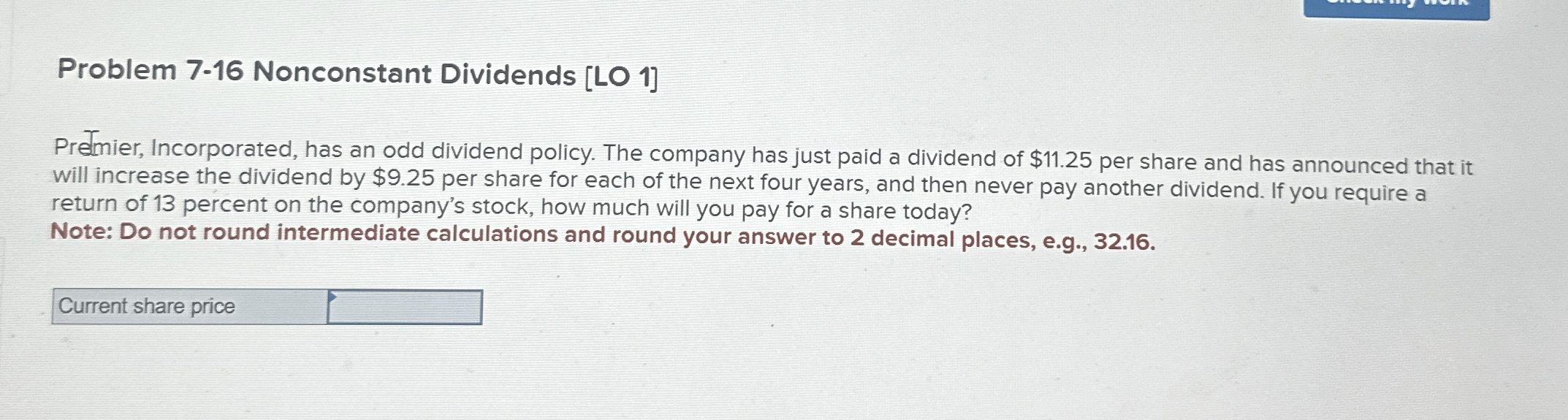Solved Problem 7-16 ﻿Nonconstant Dividends [LO 1]Premier, | Chegg.com