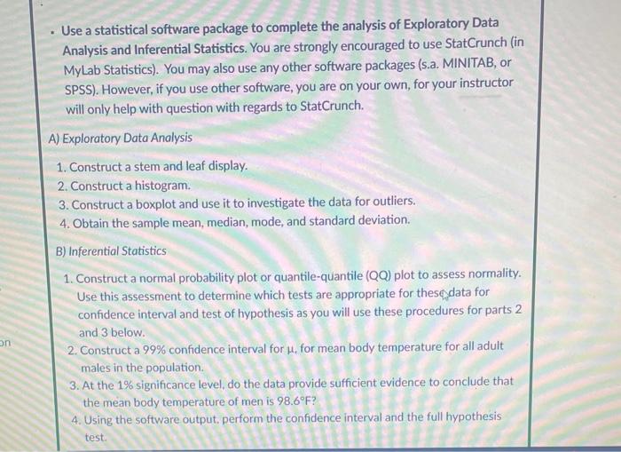 Solved - Use a statistical software package to complete the | Chegg.com