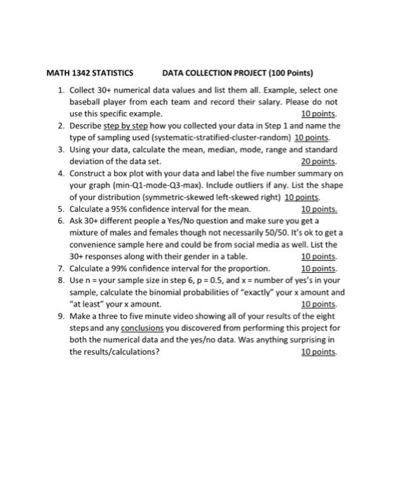 Solved MATH 1342 STATISTICS DATA COLLECTION PROJECT (100 | Chegg.com