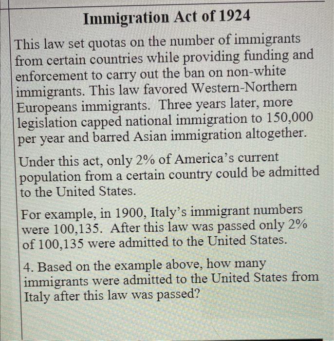 Immigration Act of 1924 This law set quotas on the | Chegg.com