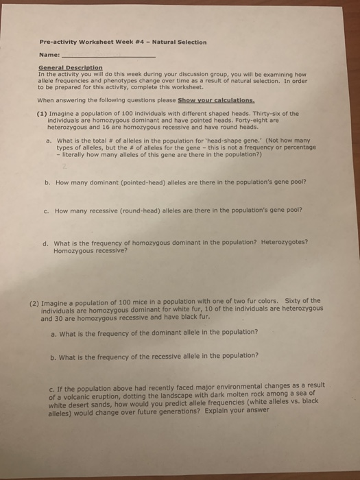 Solved Pre-activity Worksheet Week #4 - Natural Selection | Chegg.com