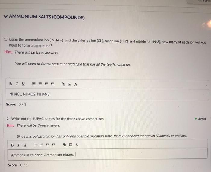 Solved DOR AMMONIUM SALTS (COMPOUNDS) 1. Using the ammonium | Chegg.com