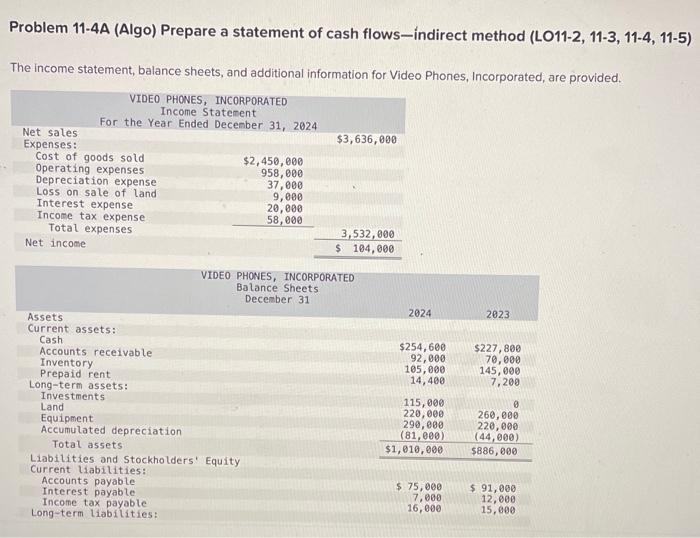 Solved Problem 11-4A (Algo) Prepare a statement of cash | Chegg.com
