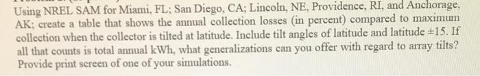 Using NREL SAM for Miami, FL; San Diego, CA: Lincoln, | Chegg.com