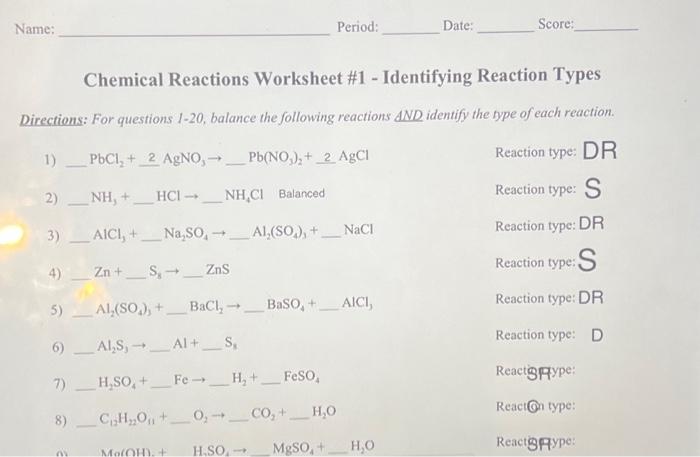 Solved Chemical Reactions Worksheet \#1 - Identifying | Chegg.com