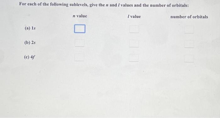 Solved For each of the following sublevels, give the n and l | Chegg.com