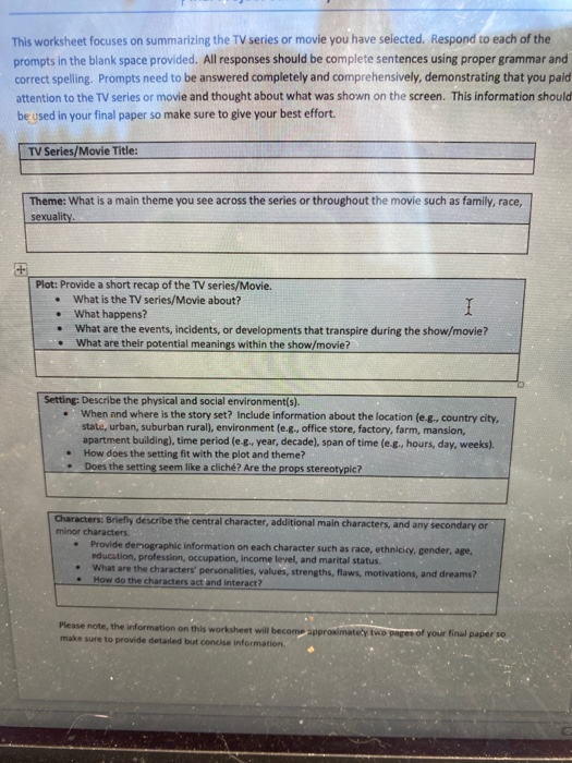 This worksheet focuses on summarizing the TV series | Chegg.com