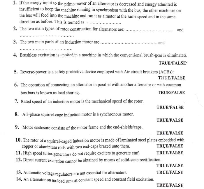 Solved 1. If the energy input to the prime mover of an | Chegg.com