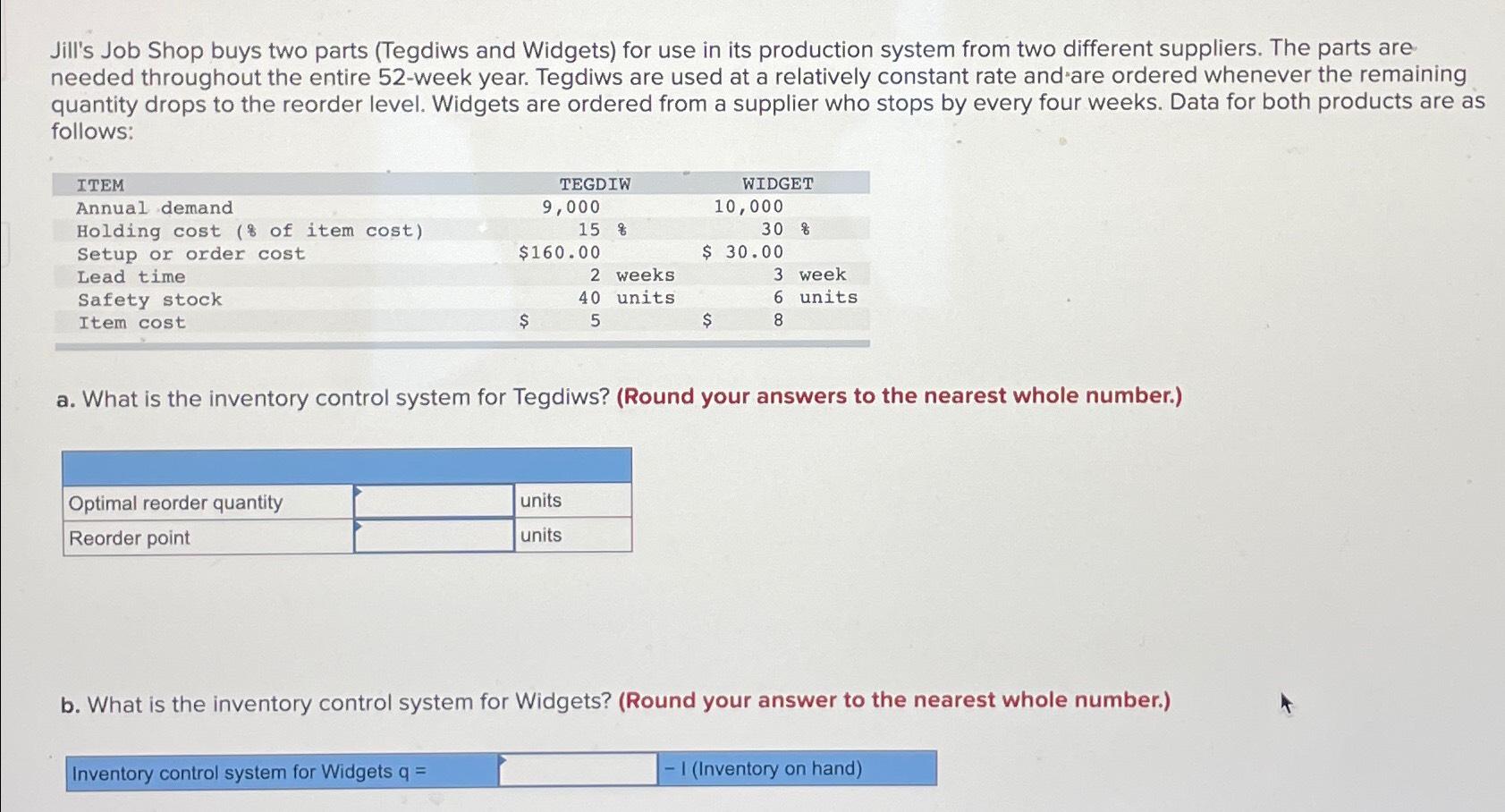Solved Jill's Job Shop buys two parts (Tegdiws and Widgets) | Chegg.com