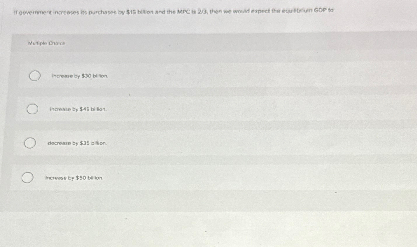 Solved If government increases its purchases by $15 ﻿bilion | Chegg.com