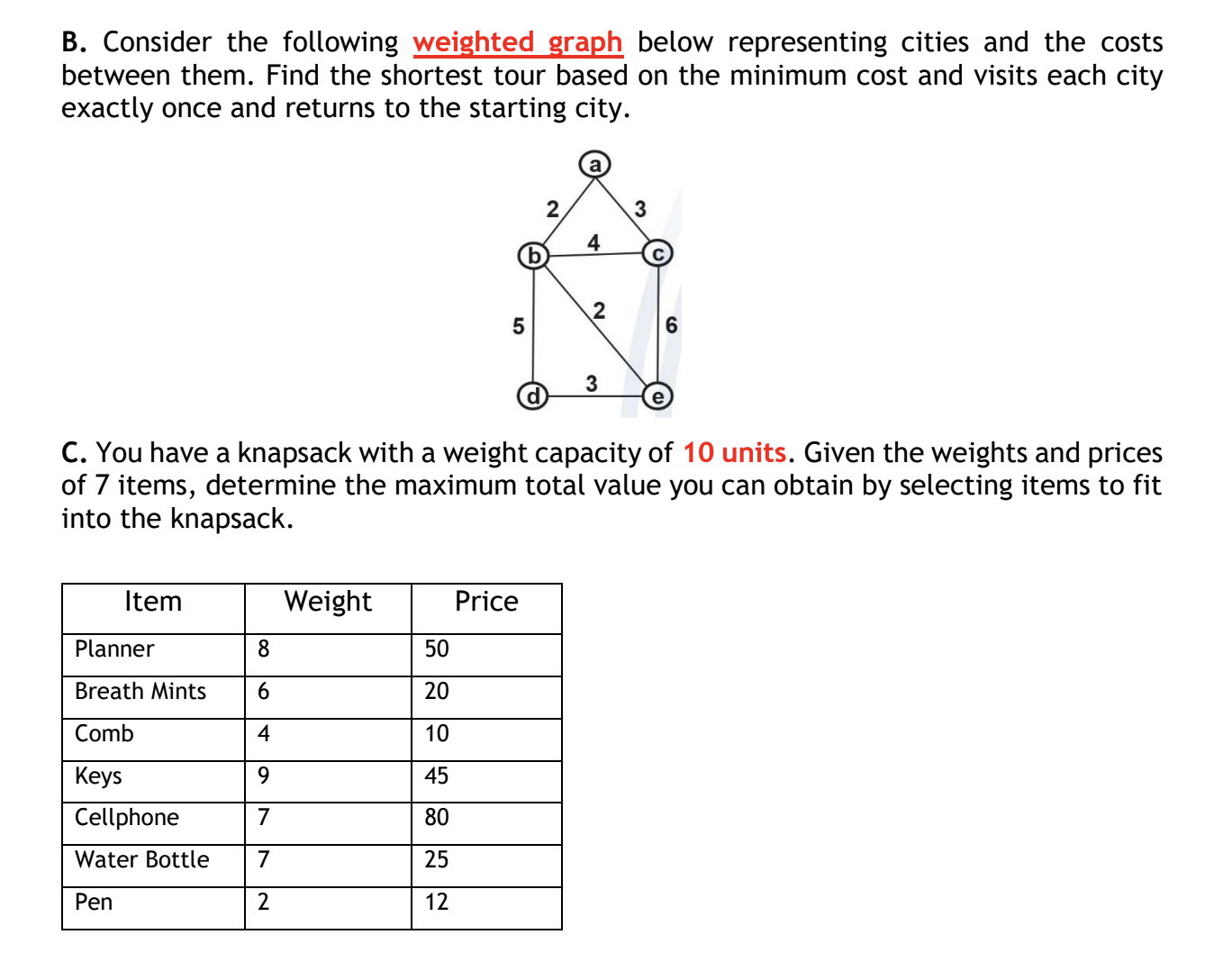 Solved B. ﻿Consider the following weighted graph below | Chegg.com