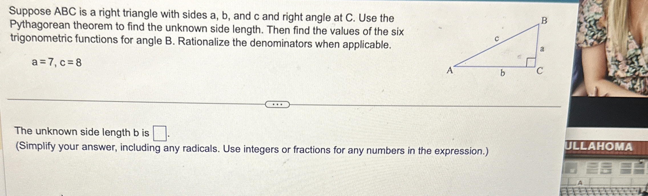 Solved The unknown side length b ﻿is(Simplify your answer, | Chegg.com