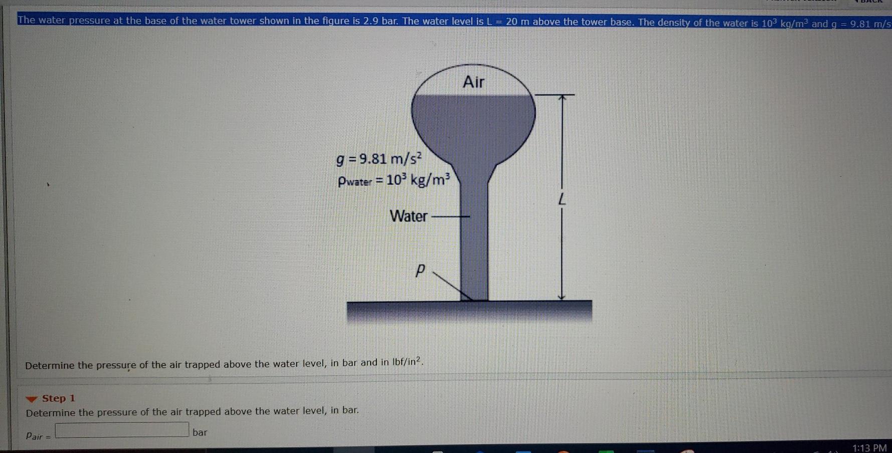 Solved The water pressure at the base of the water tower | Chegg.com