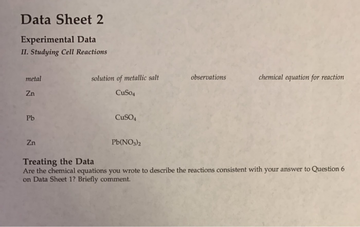 Solved Data Sheet 2 Experimental Data II. Studying Cell | Chegg.com