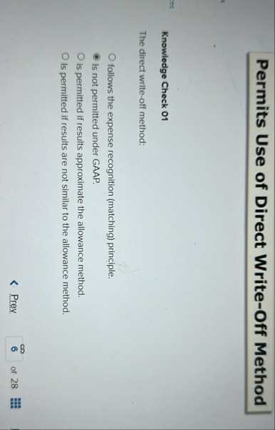 Solved Permits Use of Direct Write-Off MethodKnowledge Check | Chegg.com