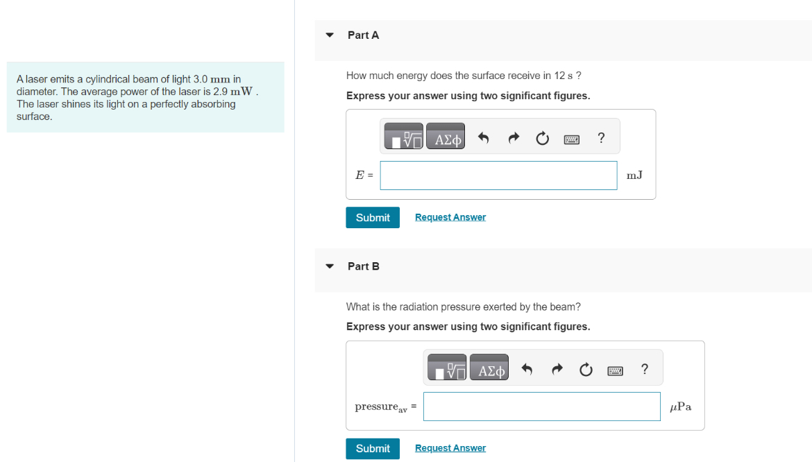 Solved Part AA laser emits a cylindrical beam of light 3.0mm | Chegg.com