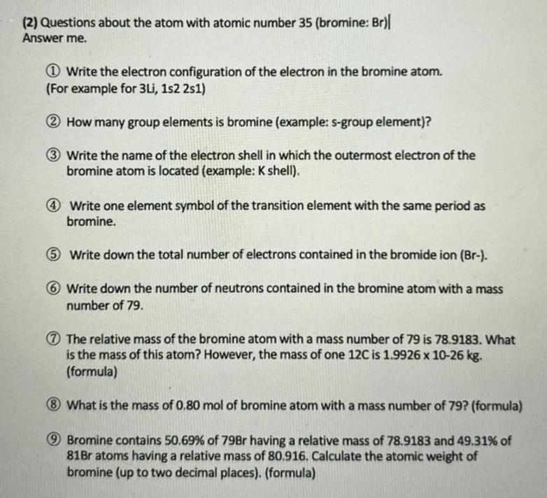 Solved (2) Questions about the atom with atomic number 35 | Chegg.com