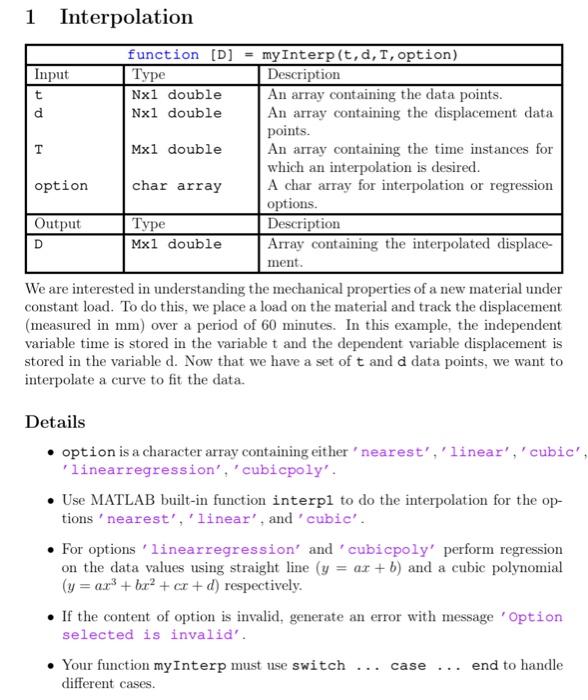 Solved 1 Interpolation t т function (D) my Interp(t, d, T, | Chegg.com