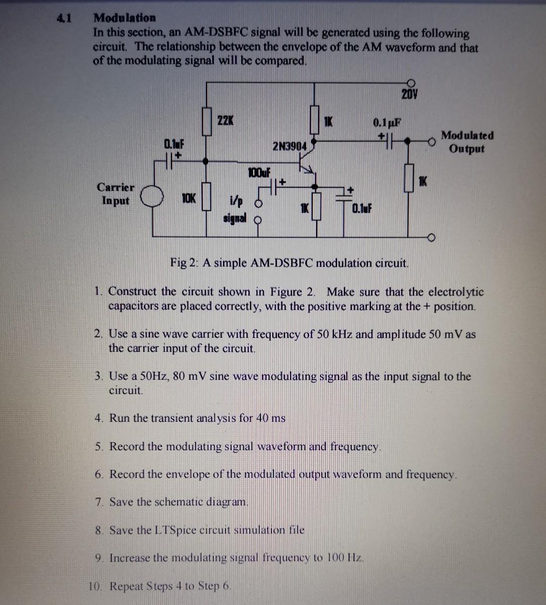 Solved 4,1 Modulation In this section, an AM-DSBFC signal | Chegg.com