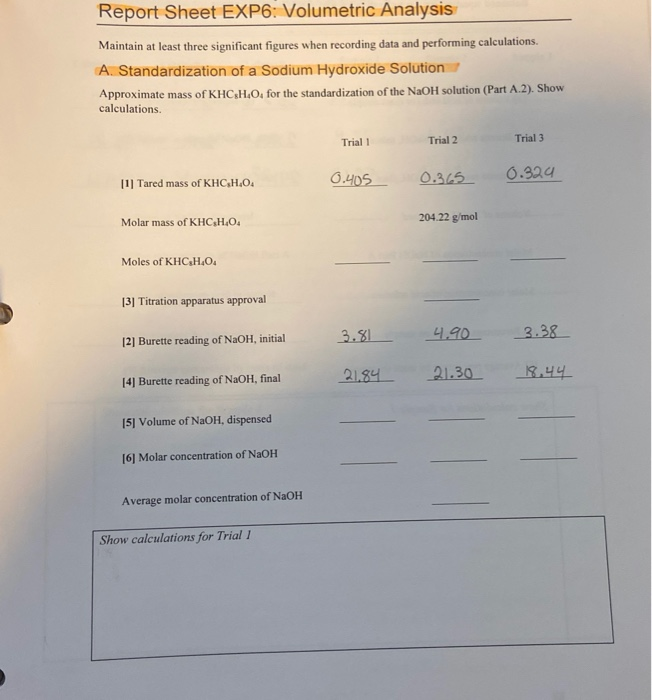 Solved Report Sheet EXP6: Volumetric Analysis Maintain at | Chegg.com