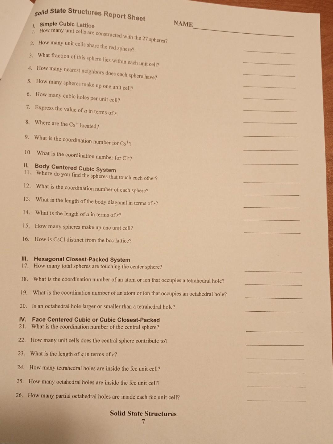 Solved solid State Structures Report Sheet NAME I. Simple | Chegg.com
