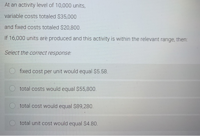 Solved At an activity level of 10,000 units, variable costs | Chegg.com