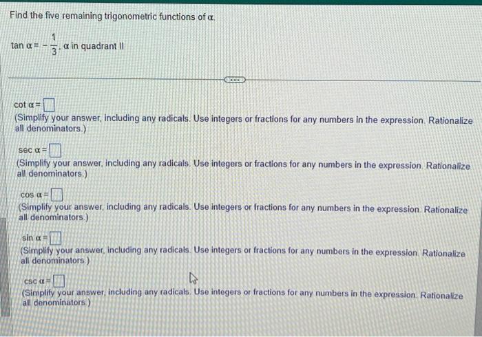 Solved Find the five remaining trigonometric functions of α. | Chegg.com