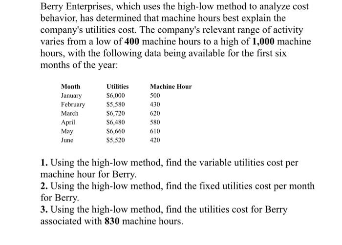 Solved Berry Enterprises, which uses the high-low method to | Chegg.com