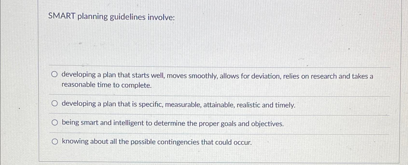 Solved SMART planning guidelines involve:developing a plan | Chegg.com