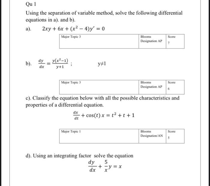 Solved Qu 1 Using the separation of variable method, solve | Chegg.com