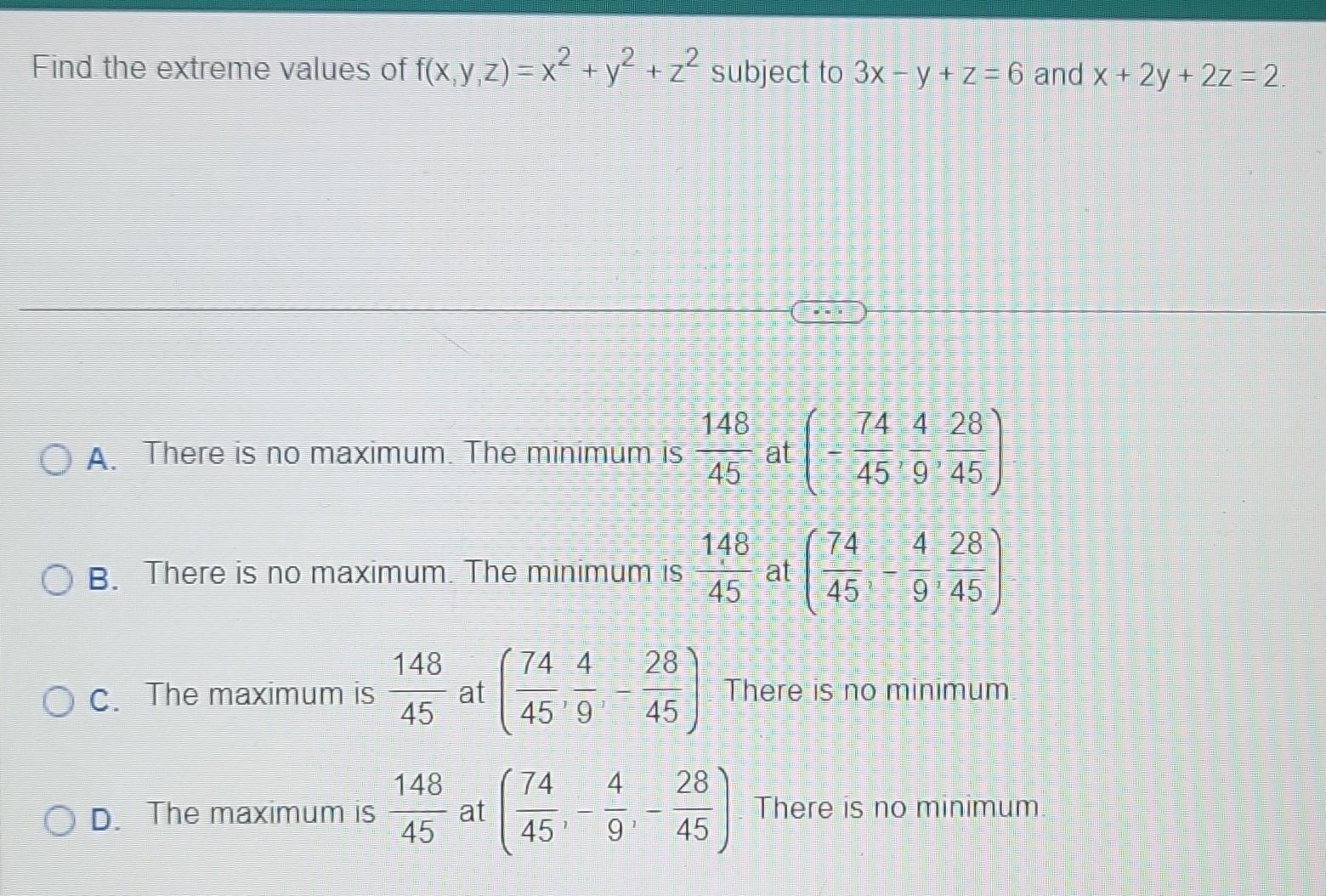Solved Find the extreme values of f(x,y,z)=x2+y2+z2 subject | Chegg.com