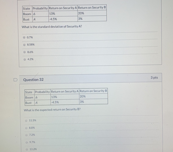 Solved State Probability Return on Security A Return on | Chegg.com