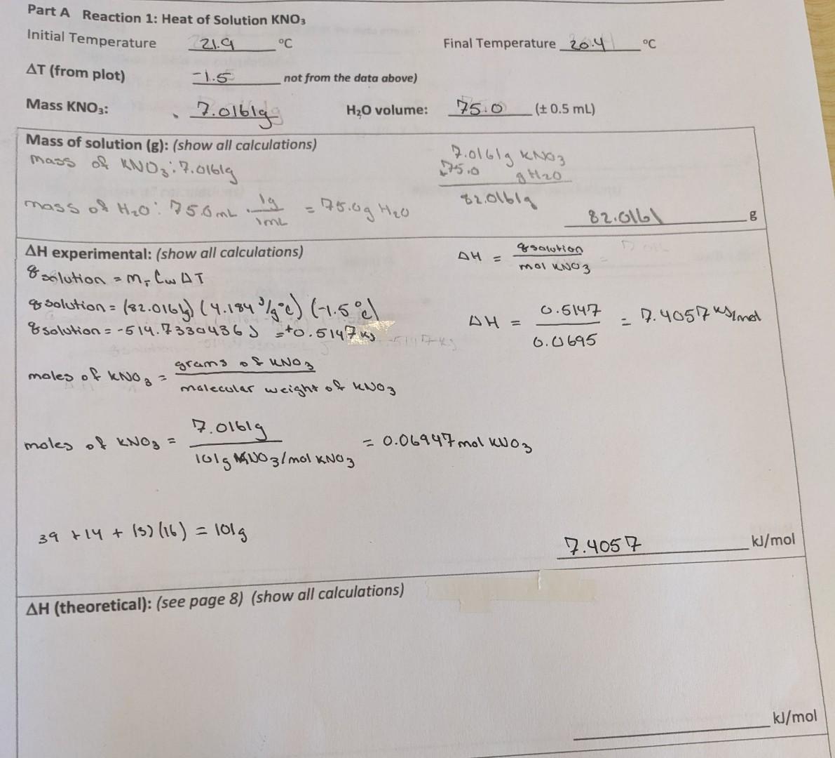 Solved Part A Reaction 1: Heat of Solution KNO3 moles of | Chegg.com