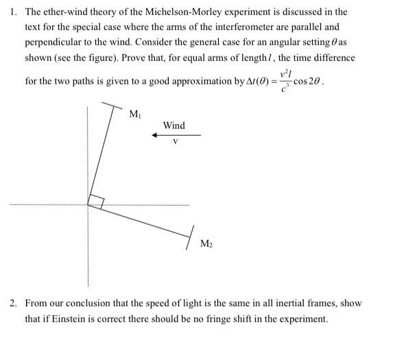Solved 1. The ether-wind theory of the Michelson-Morley | Chegg.com