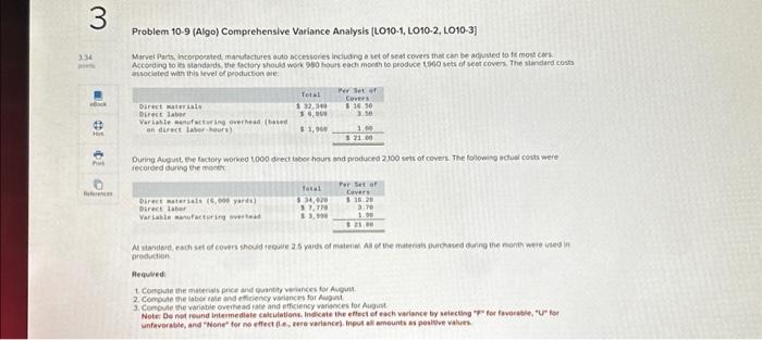 Solved Problem 10-9 (Algo) Comprehensive Variance Analysis | Chegg.com