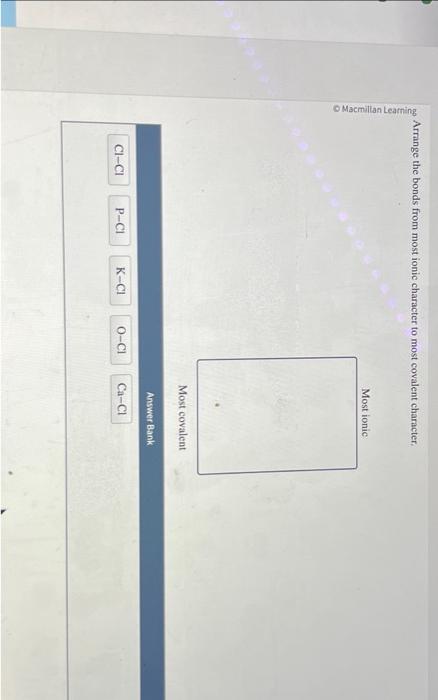 Solved Arrange the bonds from most ionic character to most | Chegg.com