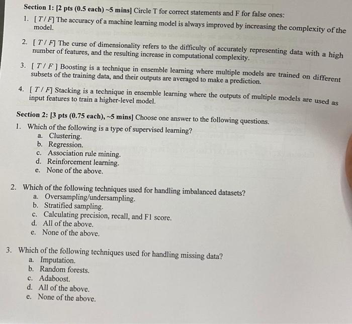 Solved Section 1: [ 2 pts (0.5 each) ∼5 mins] Circle T for | Chegg.com