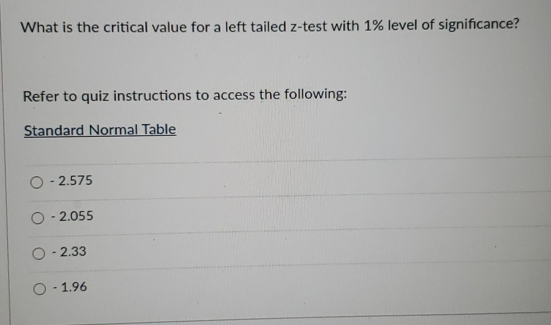 Solved What is the critical value for a left tailed z-test | Chegg.com