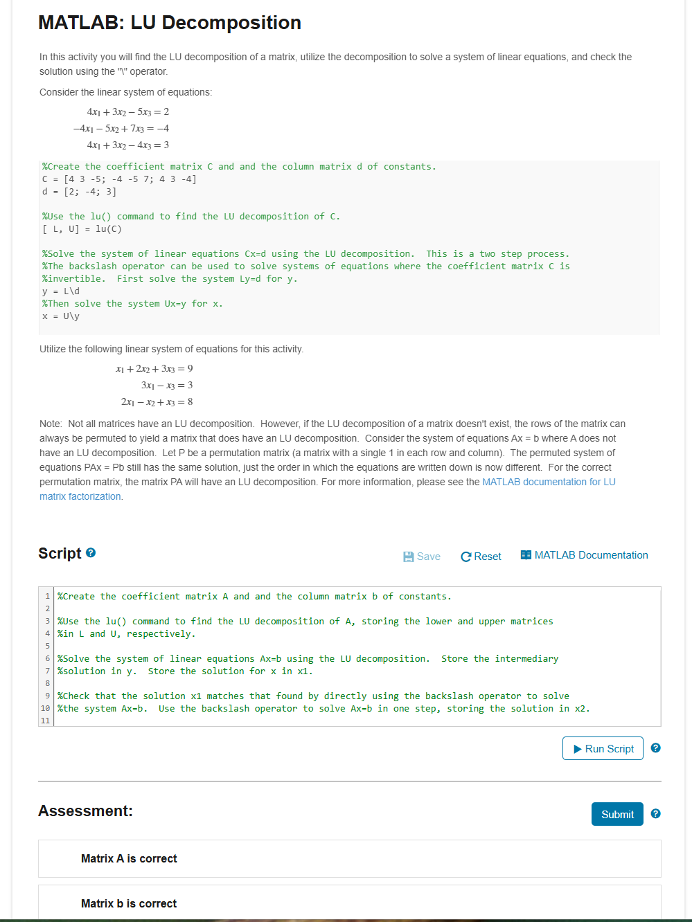 Solved MATLAB: LU DecompositionIn this activity you will | Chegg.com
