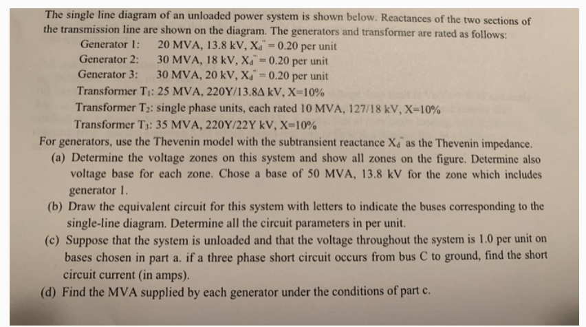 Solved The single line diagram of an unloaded power system | Chegg.com