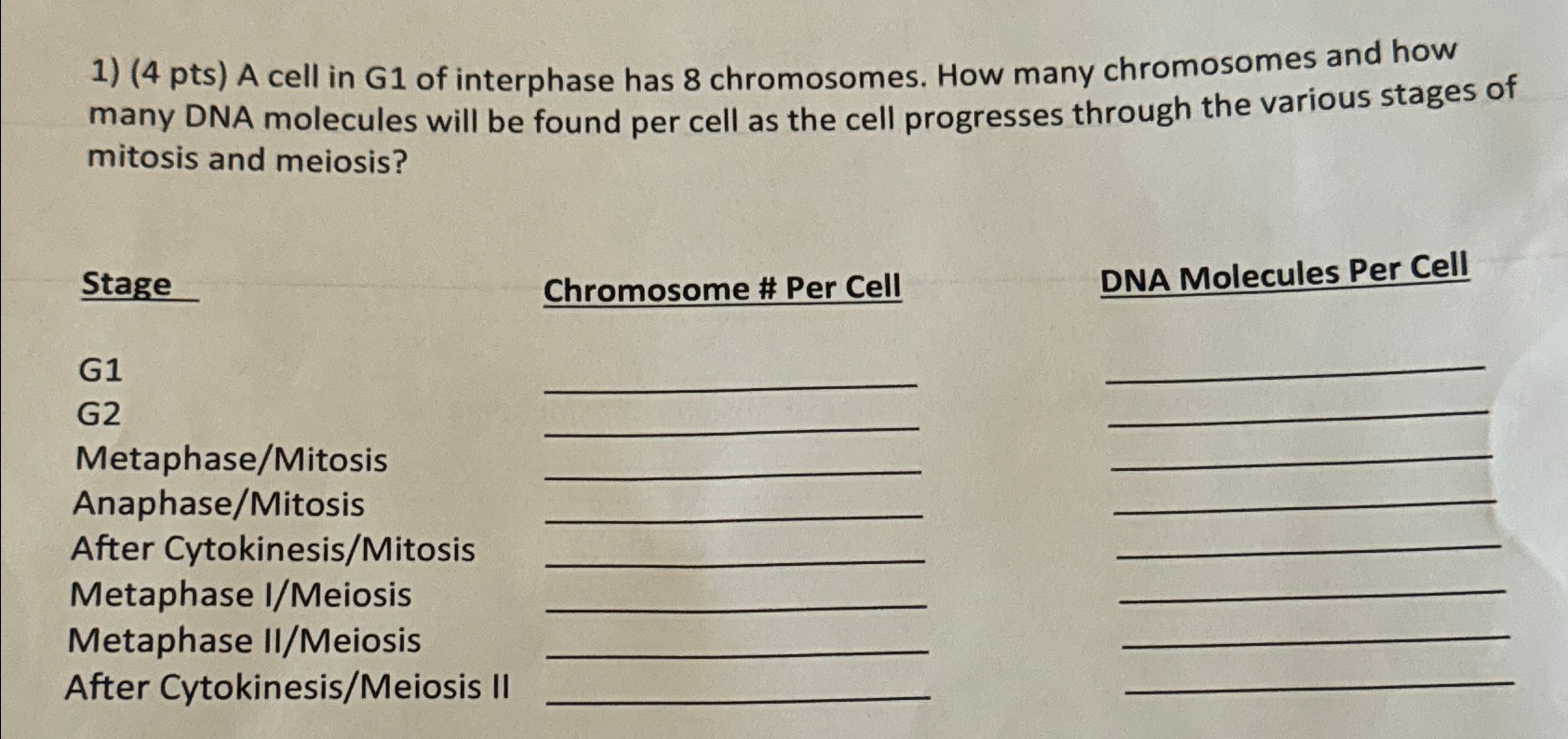Solved (4 ﻿pts) ﻿A cell in G1 ﻿of interphase has 8 | Chegg.com