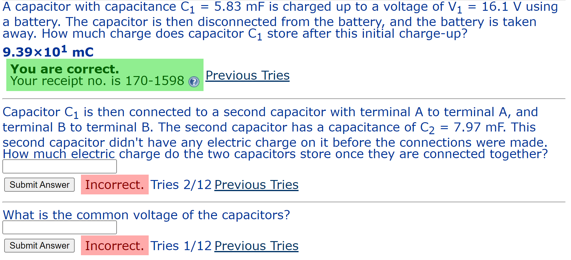 Solved Capacitor C1 ﻿is then connected to a second capacitor | Chegg.com