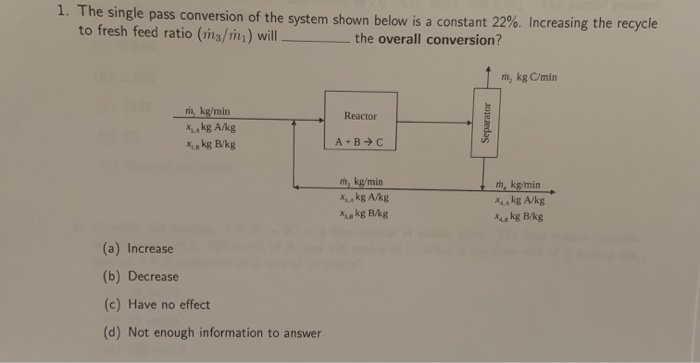 Solved 1. The single pass conversion of the system shown | Chegg.com