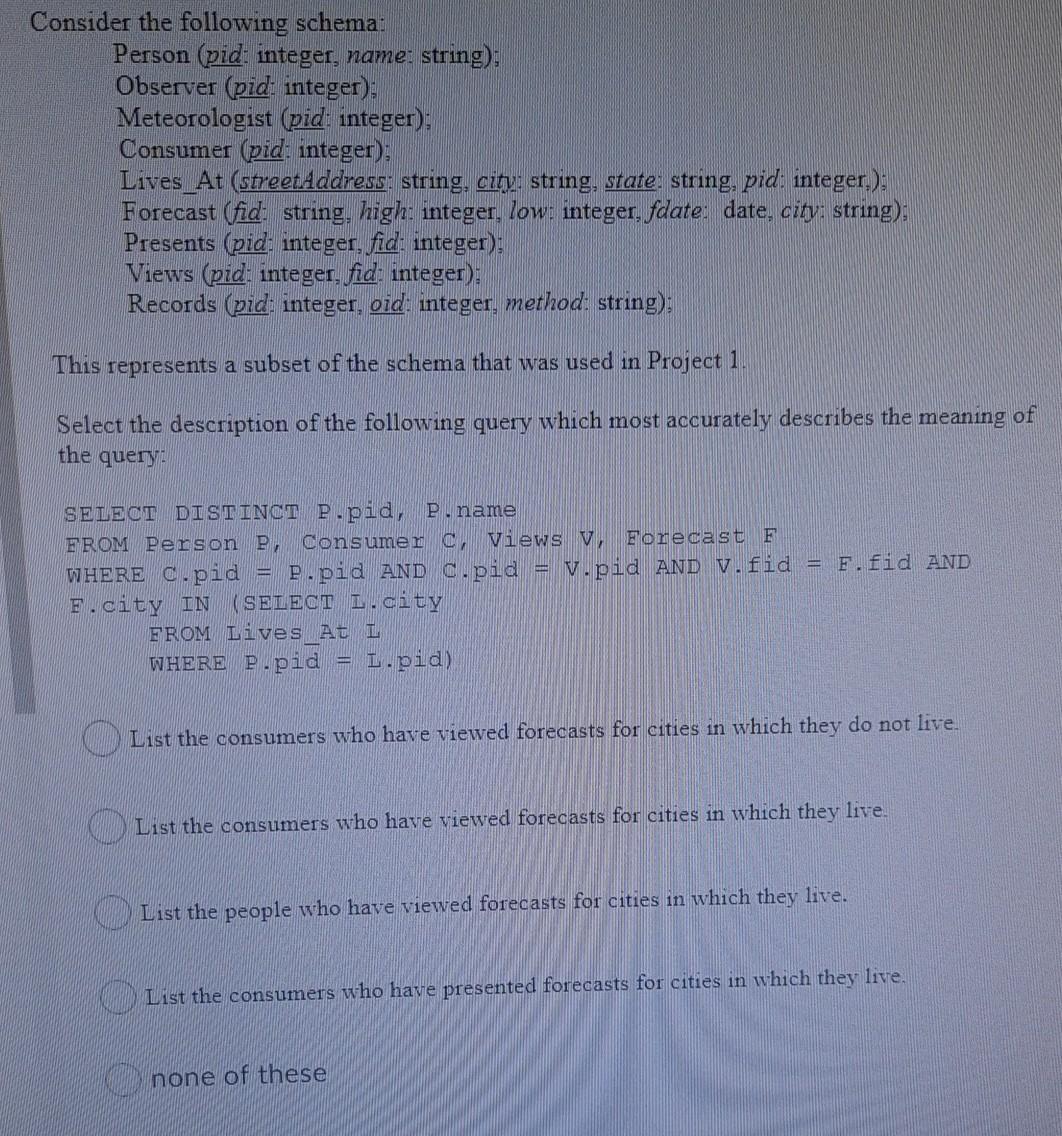 Solved Consider The Following Schema Person Pid Integer